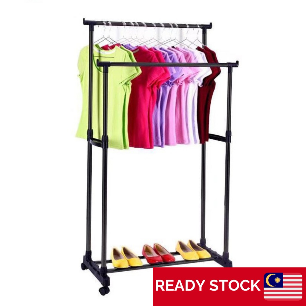 Double multi-garment Holders Rak Pakaian Bertiang Roda Heavy Duty ...