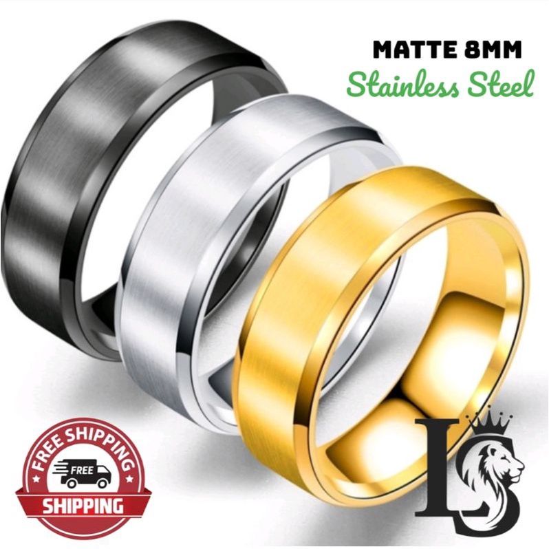 🦋Cincin Hitam Stainless Steel 8mm Matte Titanium Black Gold Silver Men ...