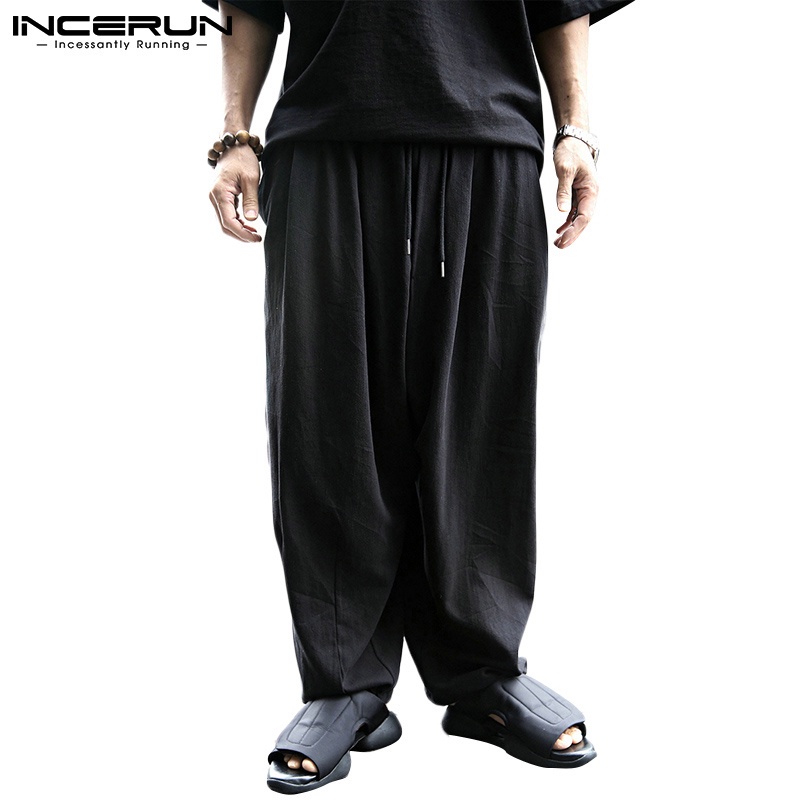 INCERUN Men's Fashion Cotton Solid Color Elastic Waist Wide Leg Harem ...