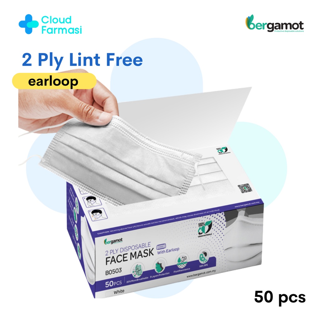 Bergamot 2-Ply Face Mask with Lint Free Cleanroom Earloop [[50pcs ...