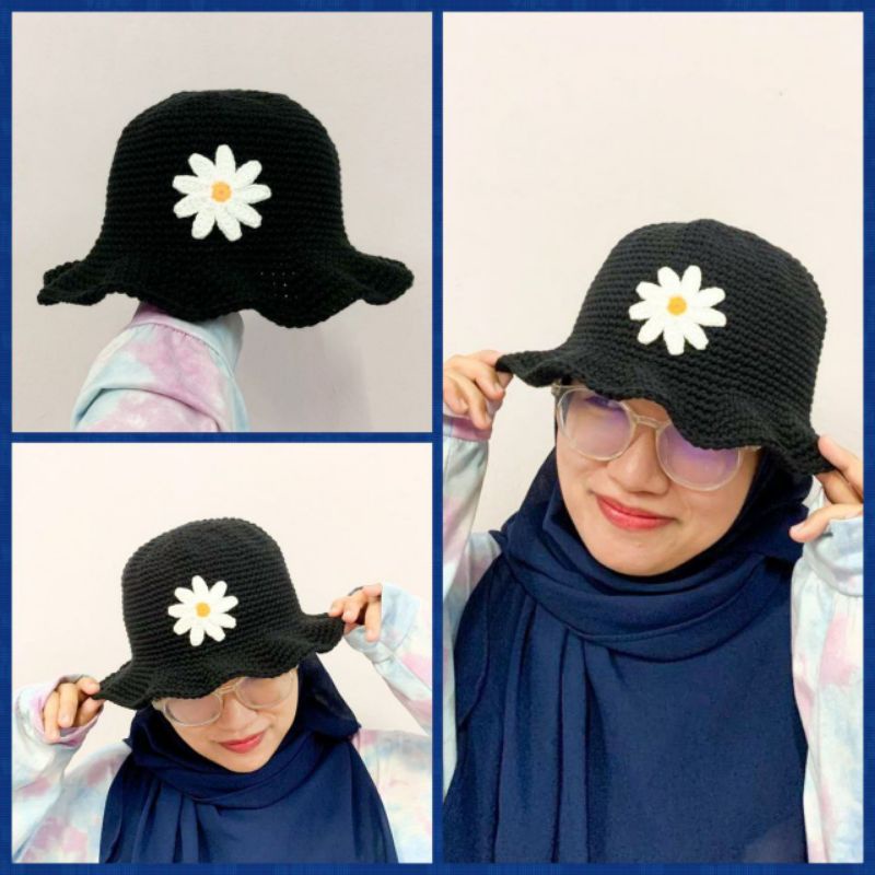HANDMADE CROCHET | KNIT BUCKET HAT | BLACT WAVY FLOWER DAISY | TOPI ...
