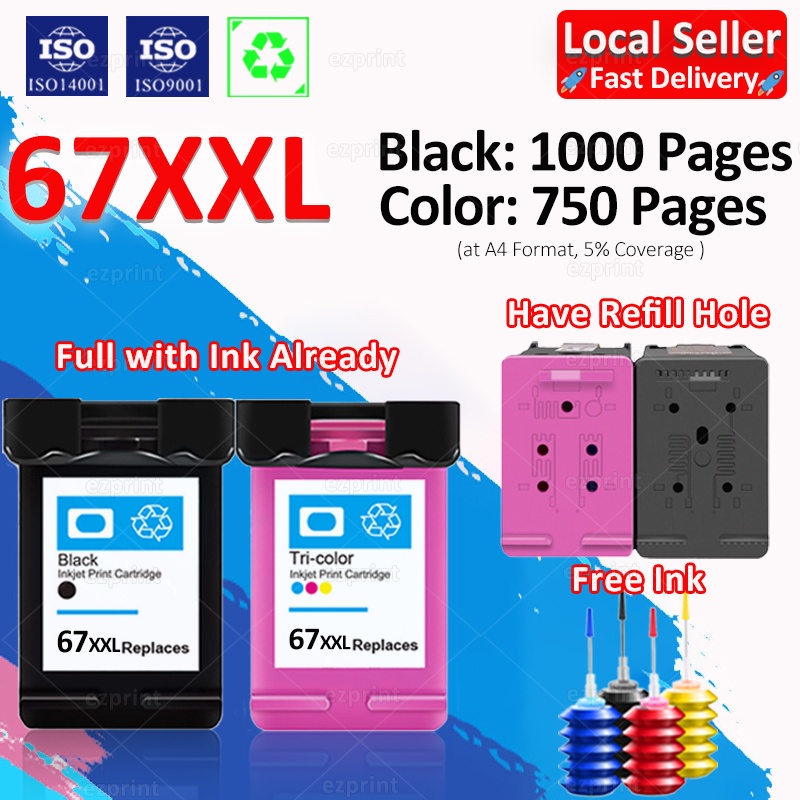 Compatible HP 67 HP 67XL HP 67XXL Ink Cartridge Black Color Refillable ...