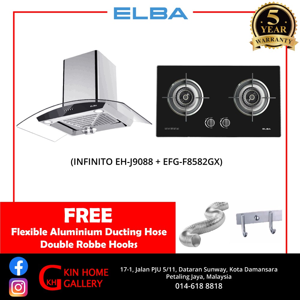 (COMBO) ELBA INFINITO EH-J9088(SS) DESIGNER HOOD + EGH-F8582GX(BK) 3.7kW GLASS STOVE | Shopee ...