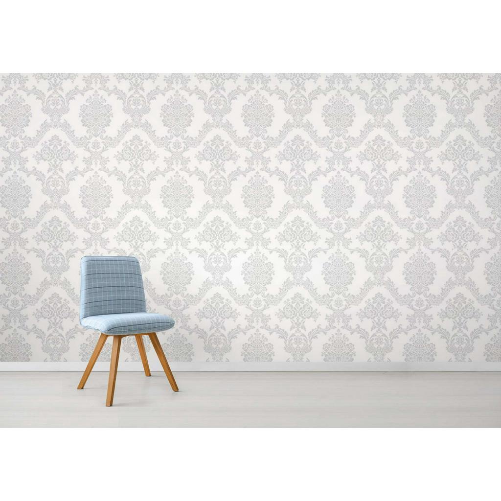 LAMEX EUROPEAN WALLPAPER | #66101 MIDAS - WHITE & SILVER DAMASK DESIGN ...