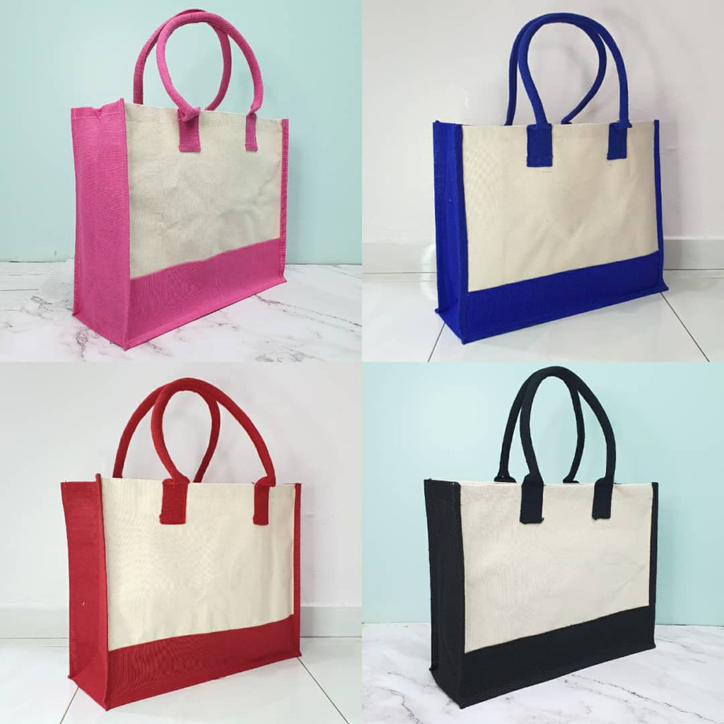 Jute Bag Laminated Canvas Women Tote Bag Beg Tangan Wanita Pink Royal ...