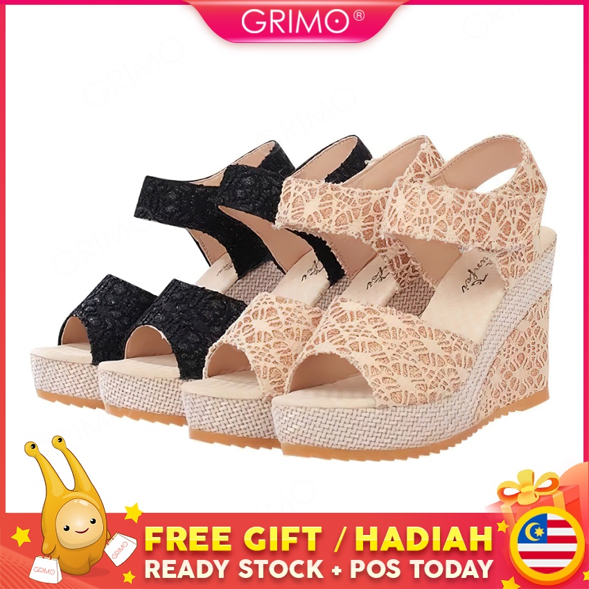 READY STOCK💝 GRIMO Lace Wedges Lady Shoe Sandal Kasut Tinggi Highheel ...