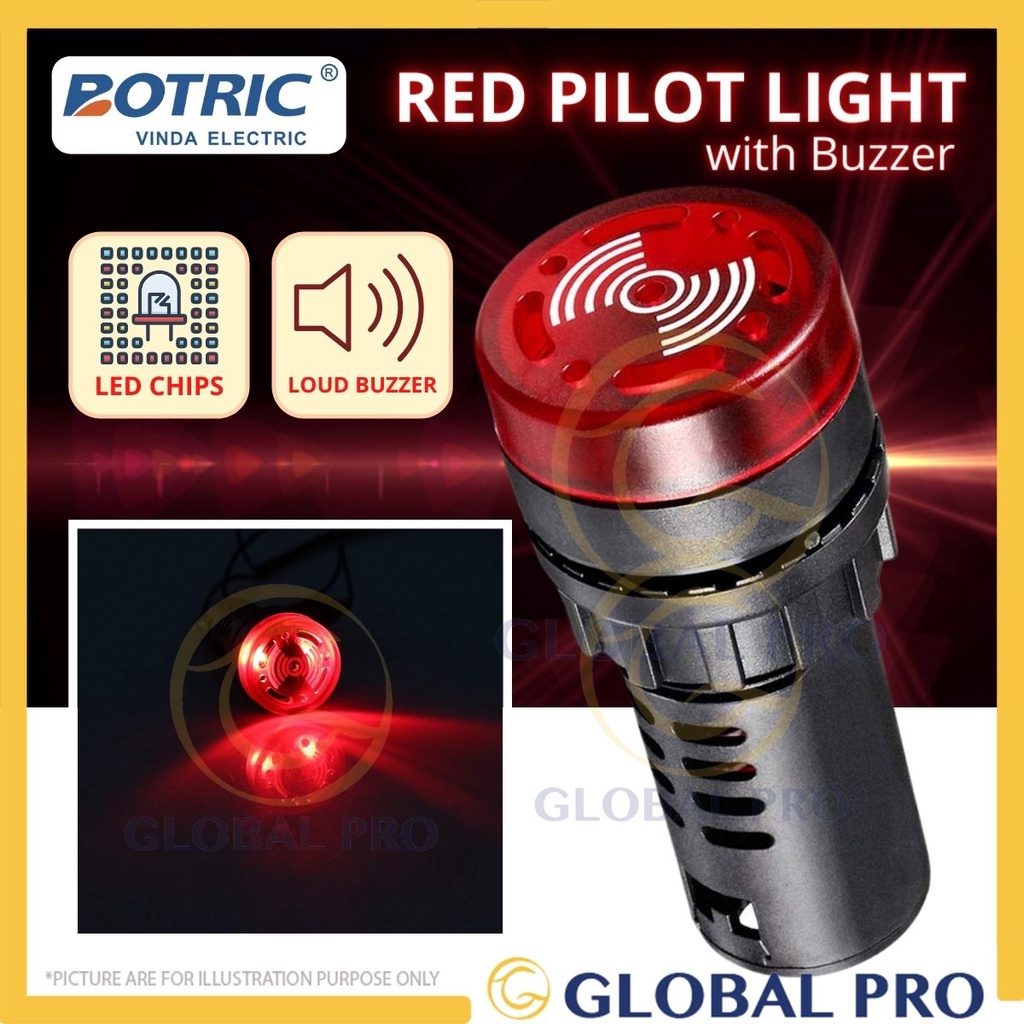 BOTRIC 22mm Pilot Lamp with BUZZER Red Alarm LED Indicator Light AD22 ...