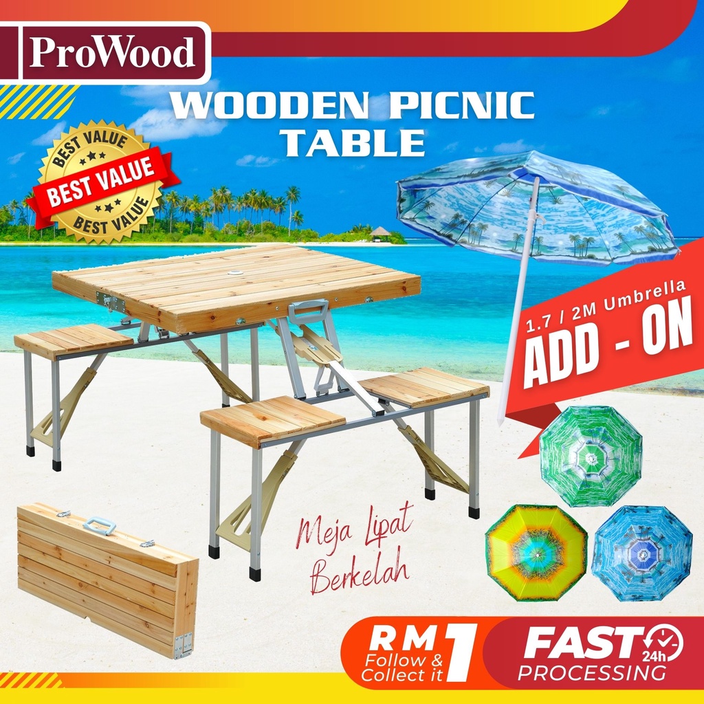 [ READY STOCK ] Wooden Picnic Table Foldable Meja Lipat Kayu With 4 ...