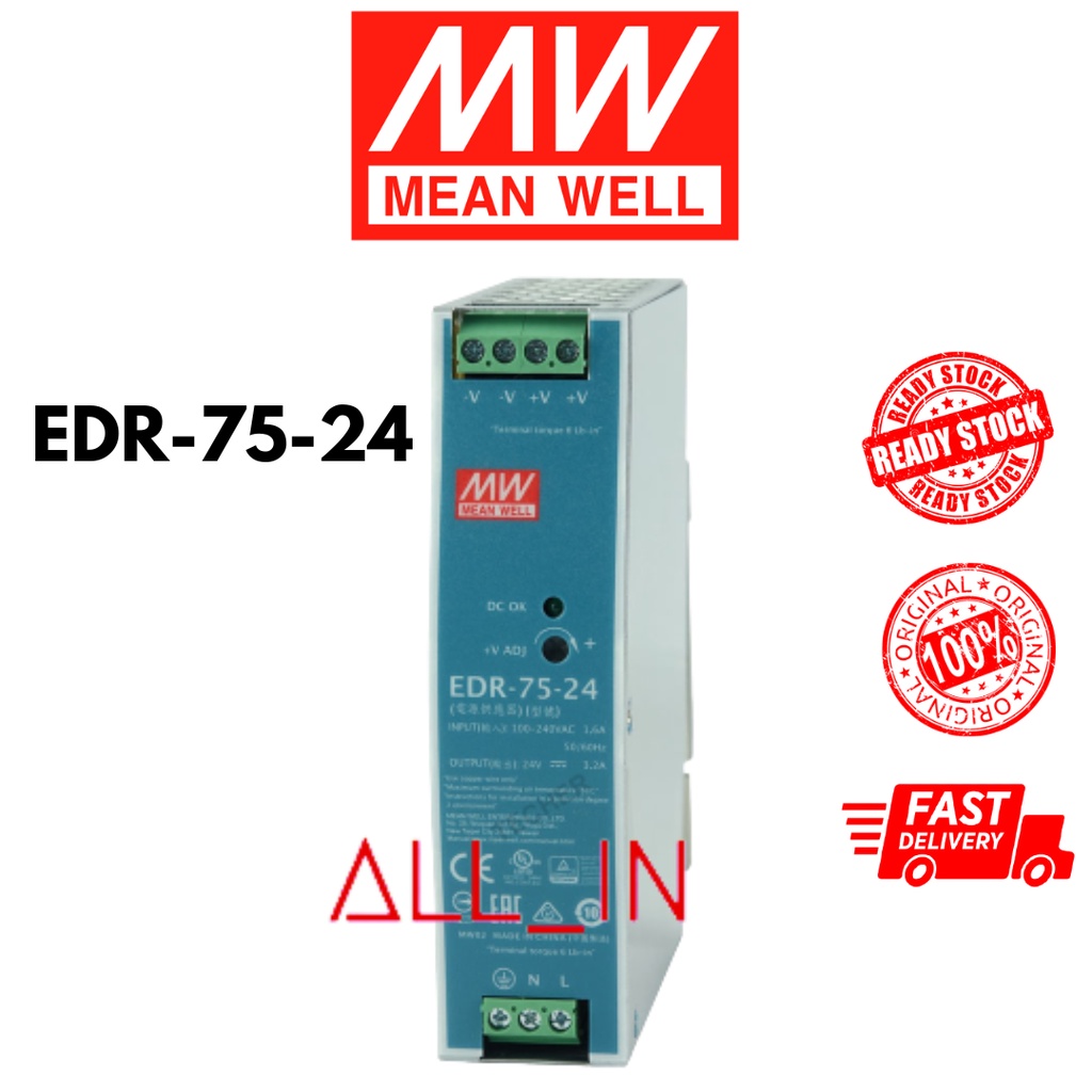 Mean Well EDR-75-24 24V 75W 3.2A / EDR-120-24 24V 120W 5A MeanWell Power Supply ~ Original 👍 ...