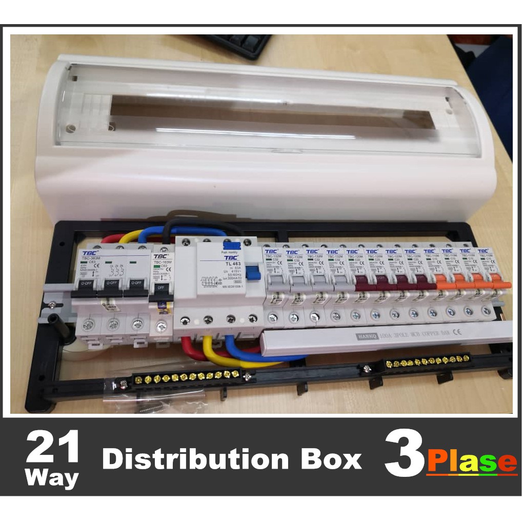 21 WAY (3 PHASE) Distribution Box DB Full Set 4P/63a RCCB 0.3ma C/W ...