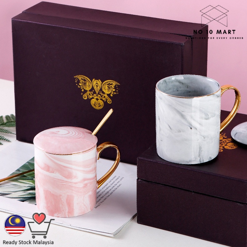 [READY STOCK] 400 ML Luxury Marble Ceramic Mug Cup Gold Handle with Lid ...