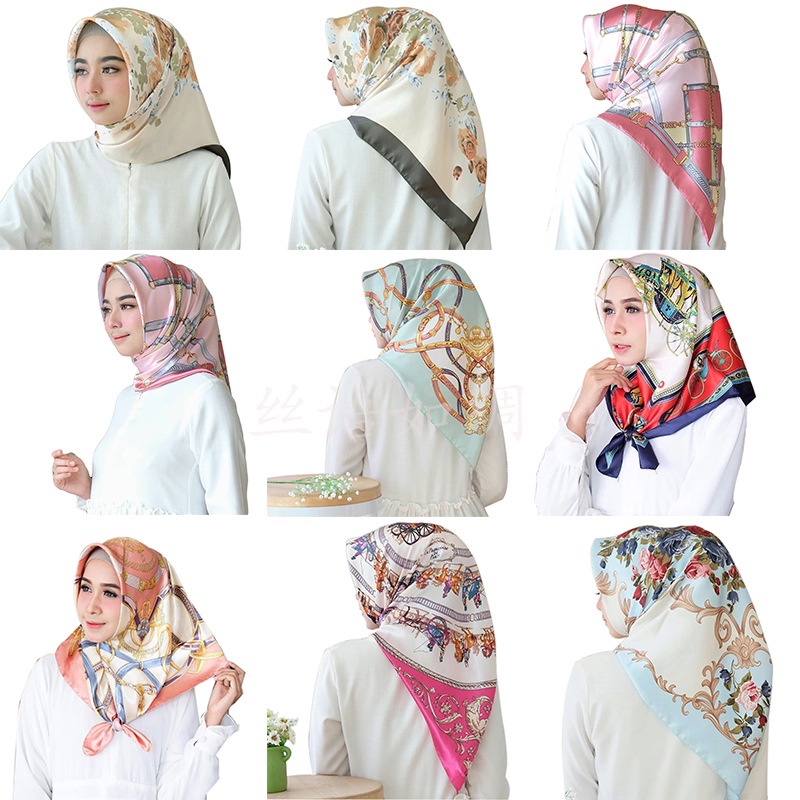 (37 Pilihan) 90x90cm Tudung Bawal Satin Scarf Square Muslim Hijab ...