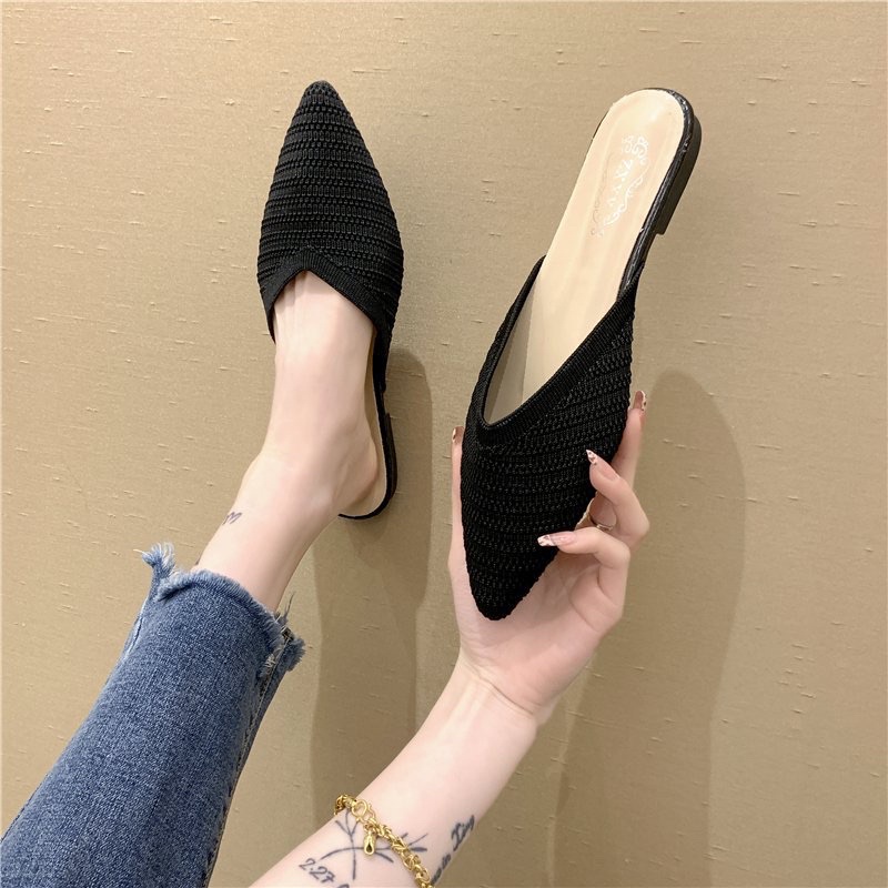 35-40 Women Sexy Pointed low-Heel Slippers Knitted Elastic Mesh ...