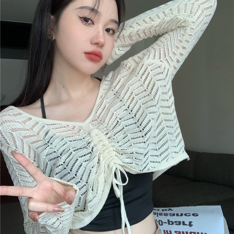 Korean Style Summer Vintage Solid Colorcasual Hollow V-neck Drawstring ...
