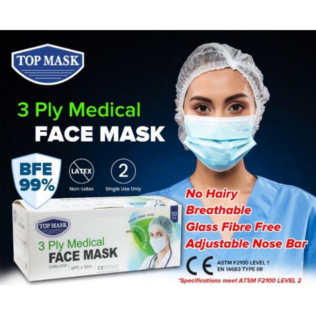 TOP MASK Disposable 3 Ply Medical Face Mask 口罩 [Ready Stock] BFE>99% ...