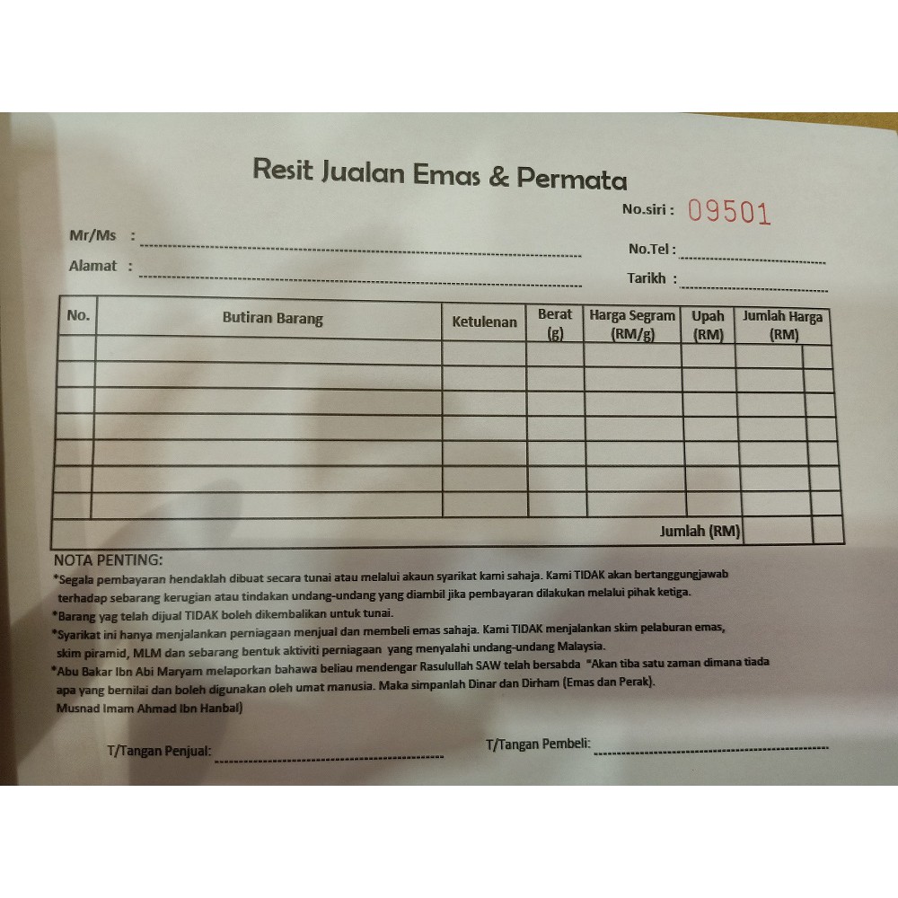 100PCS x 2PLY BUKU RESIT JUALAN EMAS & PERMATA | Shopee Malaysia