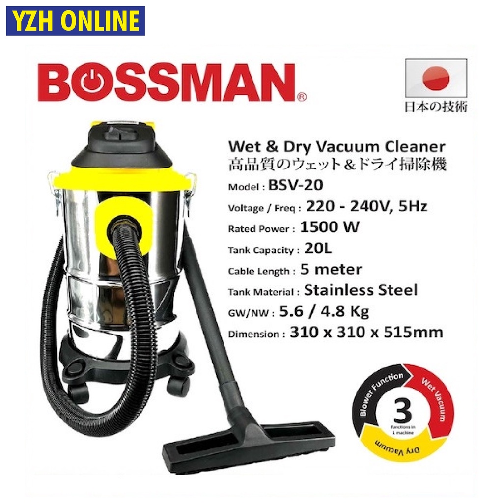 BOssman 20 Litre Wet Dry Vacuum Cleaner Wet & Dry Vacum 1600 Watt Max ...