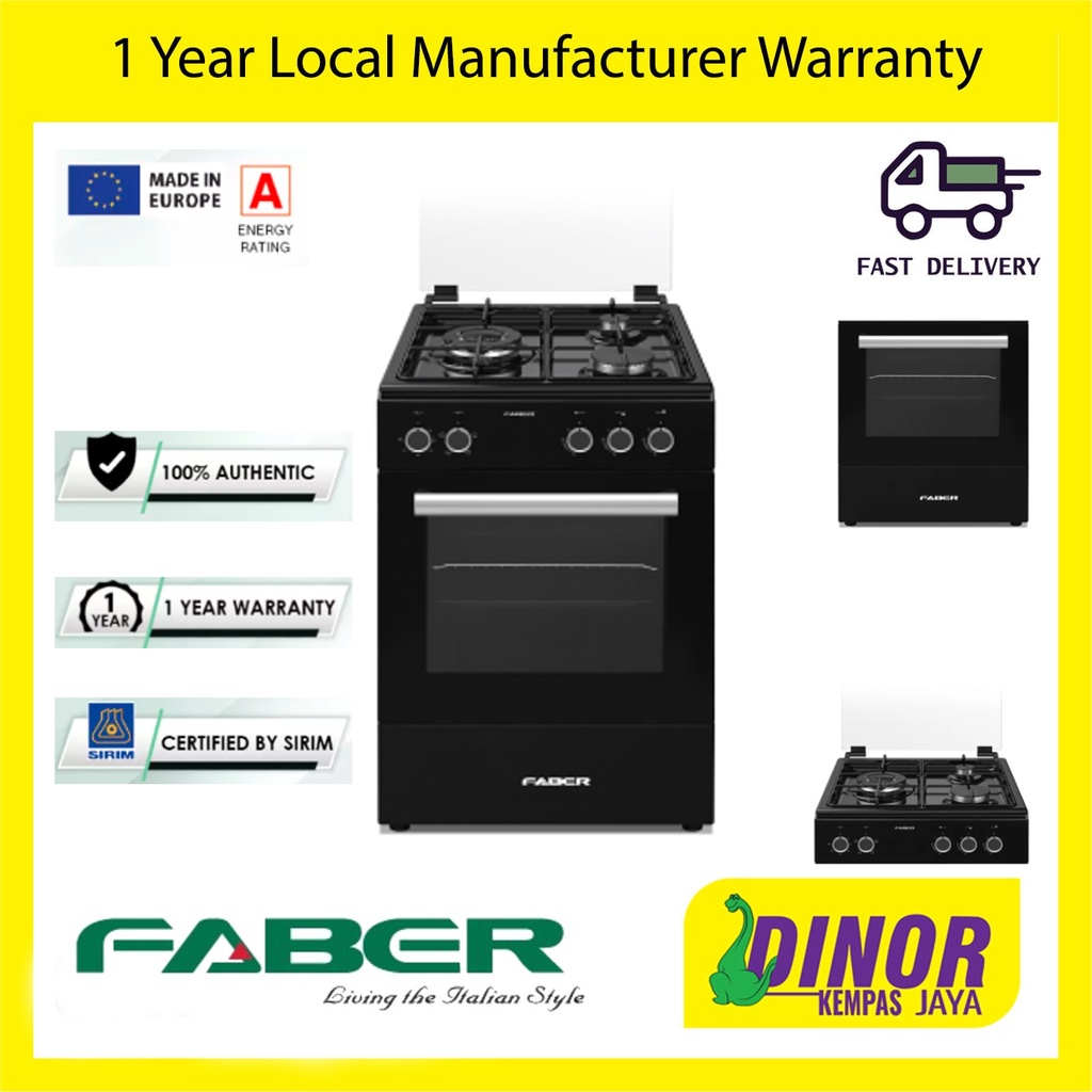 FABER Free Standing Cooker FISSO 5583E/BK 3 Burner Full Electric Oven ...