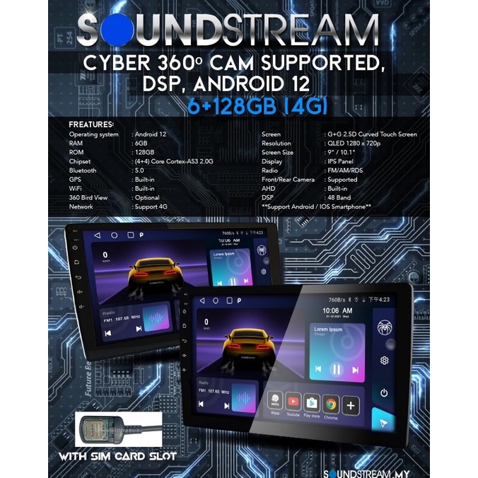 10 INCH SOUNDSTREAM CYBER 360 Cam Supported, DSP, 4G SIM Android 12 Car ...