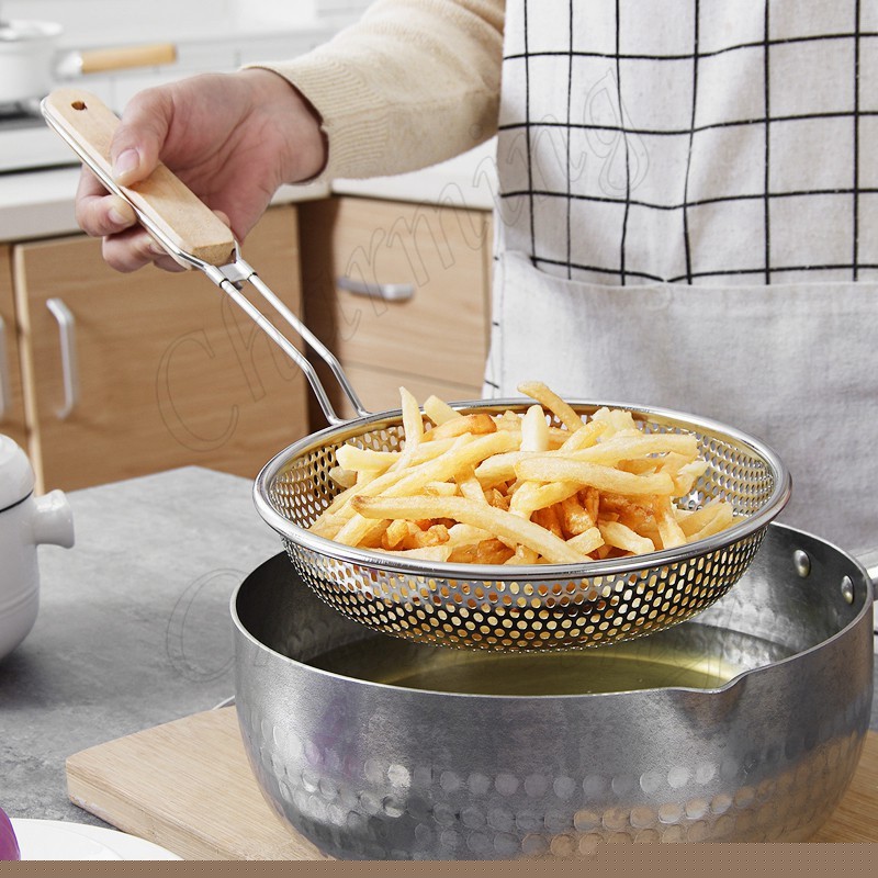 Heavy Duty Wood Handle Oil-Frying Food Drum Sieve Pasta Oil Sifter ...
