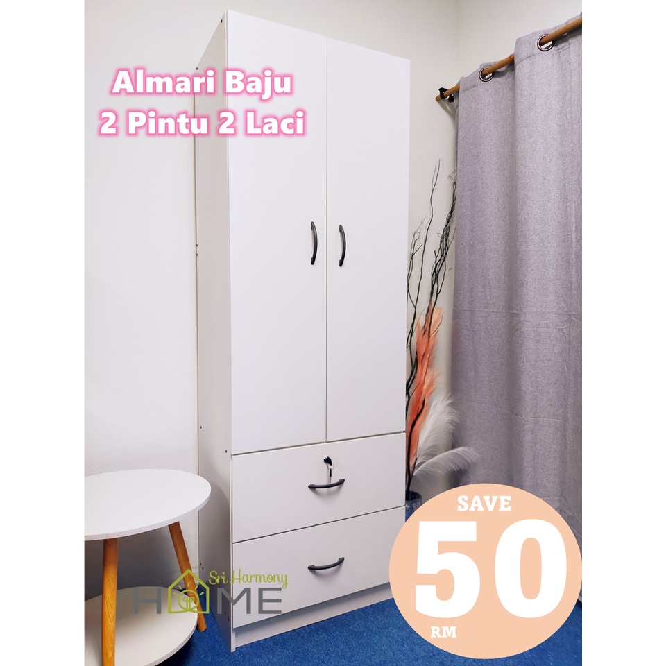 💥HOT ITEM💥 Almari Baju 179cm Tinggi 2 Pintu 2 Laci Safety Lock Area ...