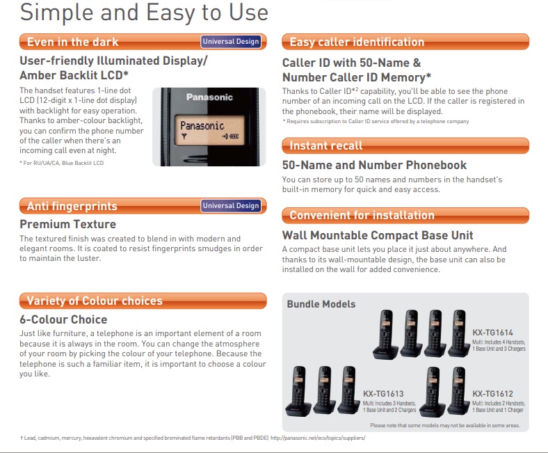 PANASONIC KX-TG1611 Digital Cordless Phone with Illuminated LCD, Caller ID, 50-Name Phonebook ...