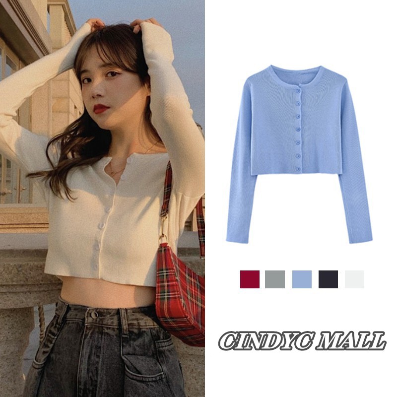 Korean Womens Short Top Womens Short Knitted Long Sleeve Solid Color Blouse Slim Bottoming