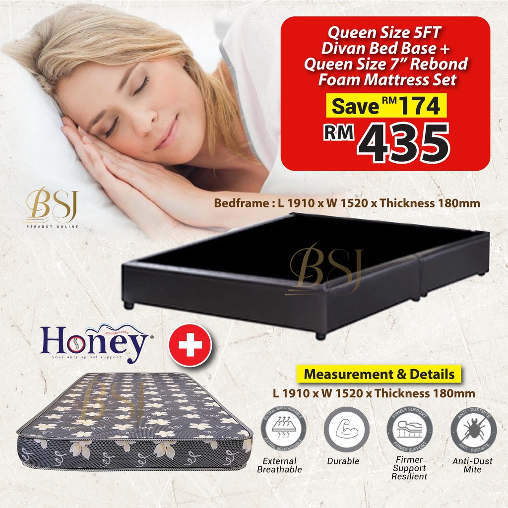 BSJ【𝐐𝐮𝐞𝐞𝐧 𝐒𝐢𝐳𝐞 𝐁𝐞𝐝𝐟𝐫𝐚𝐦𝐞+𝐇𝐎𝐍𝐄𝐘 𝟕" 𝐌𝐚𝐭𝐭𝐫𝐞𝐬𝐬 𝐒𝐄𝐓】Queen Size 5FT Divan Bed ...