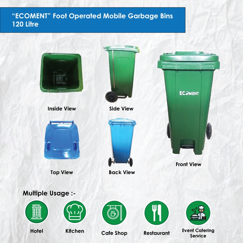 Foot Operated Mobile Garbage Bins 120 L / Tong Sampah Beroda Berpijak ...
