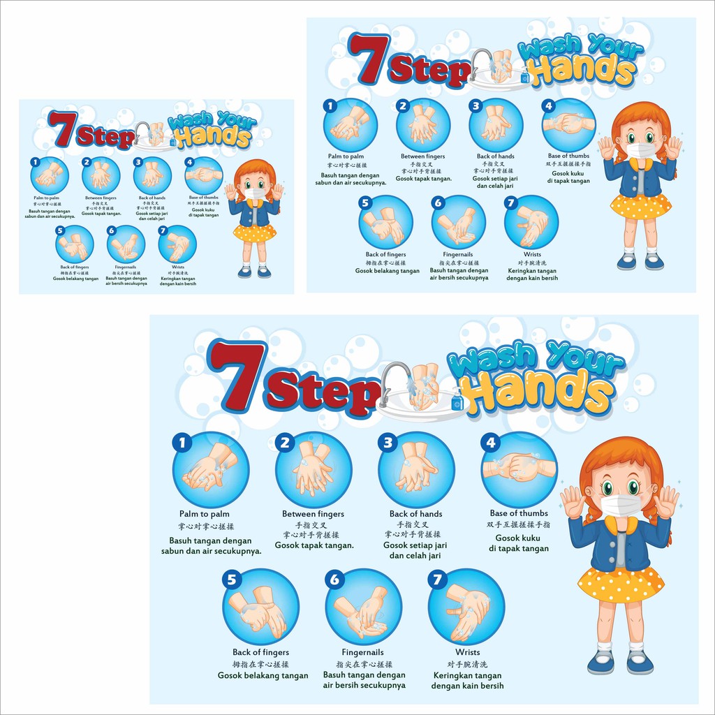 7 step wash hand cuci tangan COVID-19 school kindergarden simple sign ...