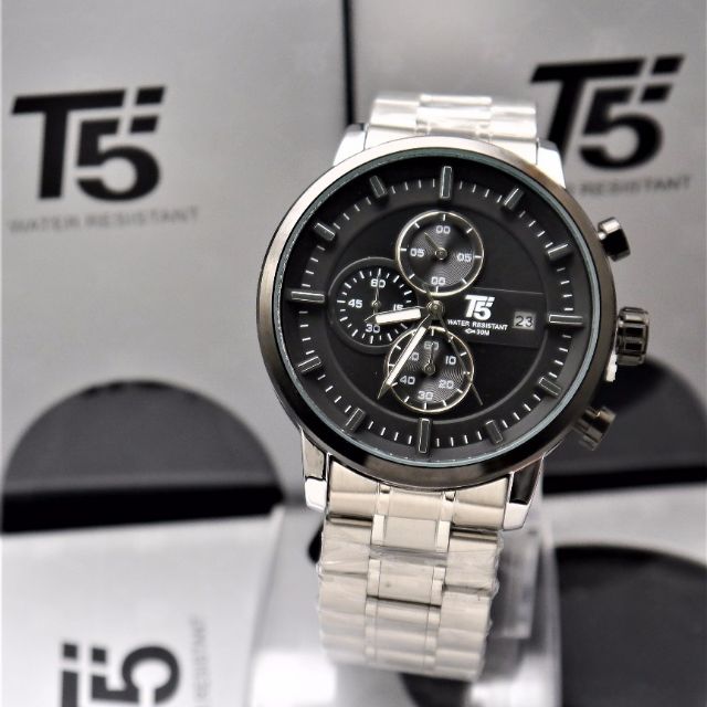 🔥 T5 Men's Chronograph StainlessSteel Business Watch Black Dial Silver ...