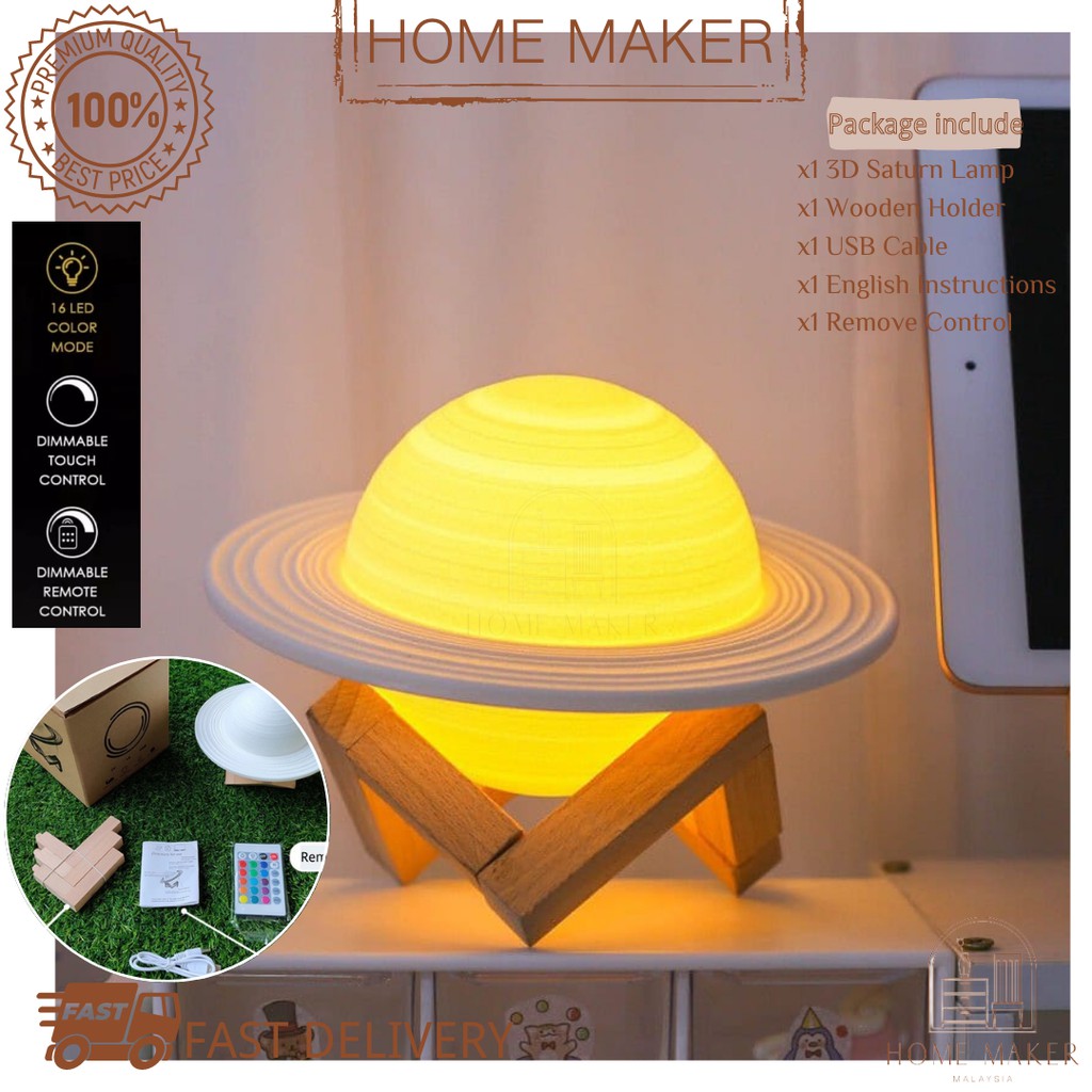 3D Print Saturn Moon LED Night Lamp 16 Colour Rechargeable Tap and ...