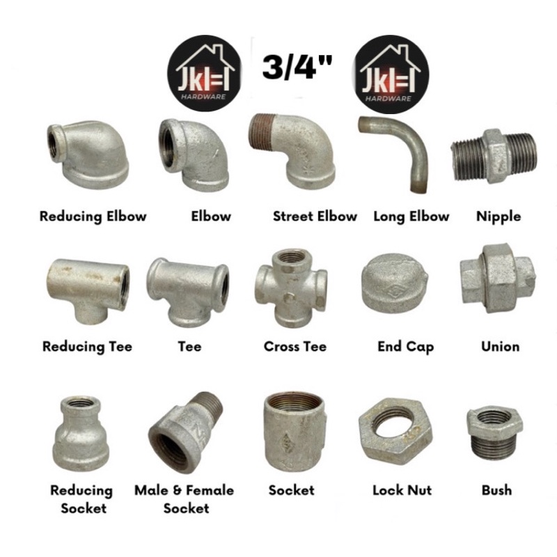 3/4" 20mm Galvanized Iron /GI Fittings/Besi/Elbow，Socket，Tee，End Cap，Nipple，Lock Nut，Union Half ...