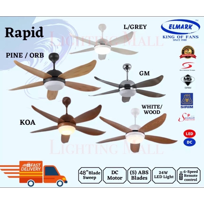 Elmark RAPID 48" DC Motor Remote Ceiling Fan With 24W 3-Tone LED ...