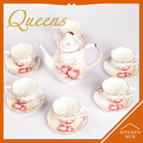 Queens Premium 14pcs Porcelain Tea Set with Glass Revolving Base Teaset ...