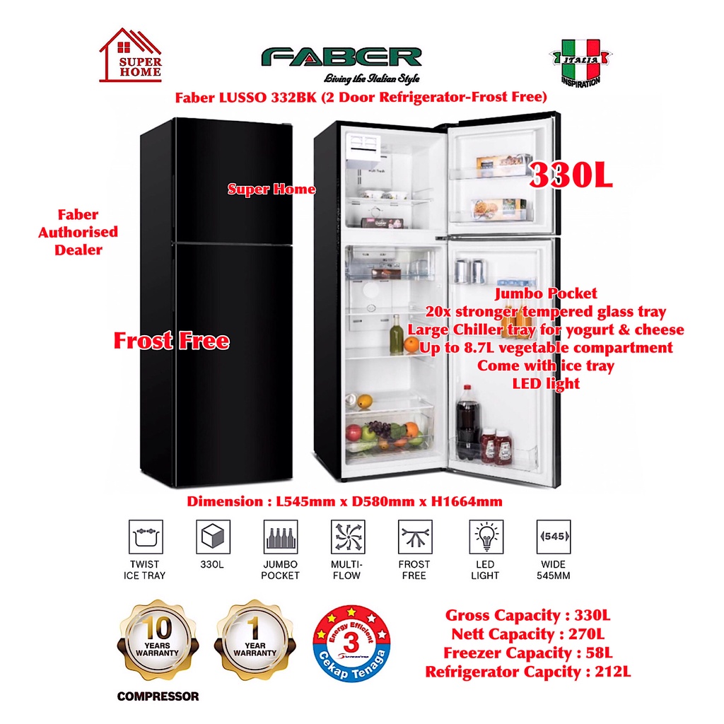 Faber Refrigerator LUSSO 332BK 330L 2 Door Fridge | Shopee Malaysia