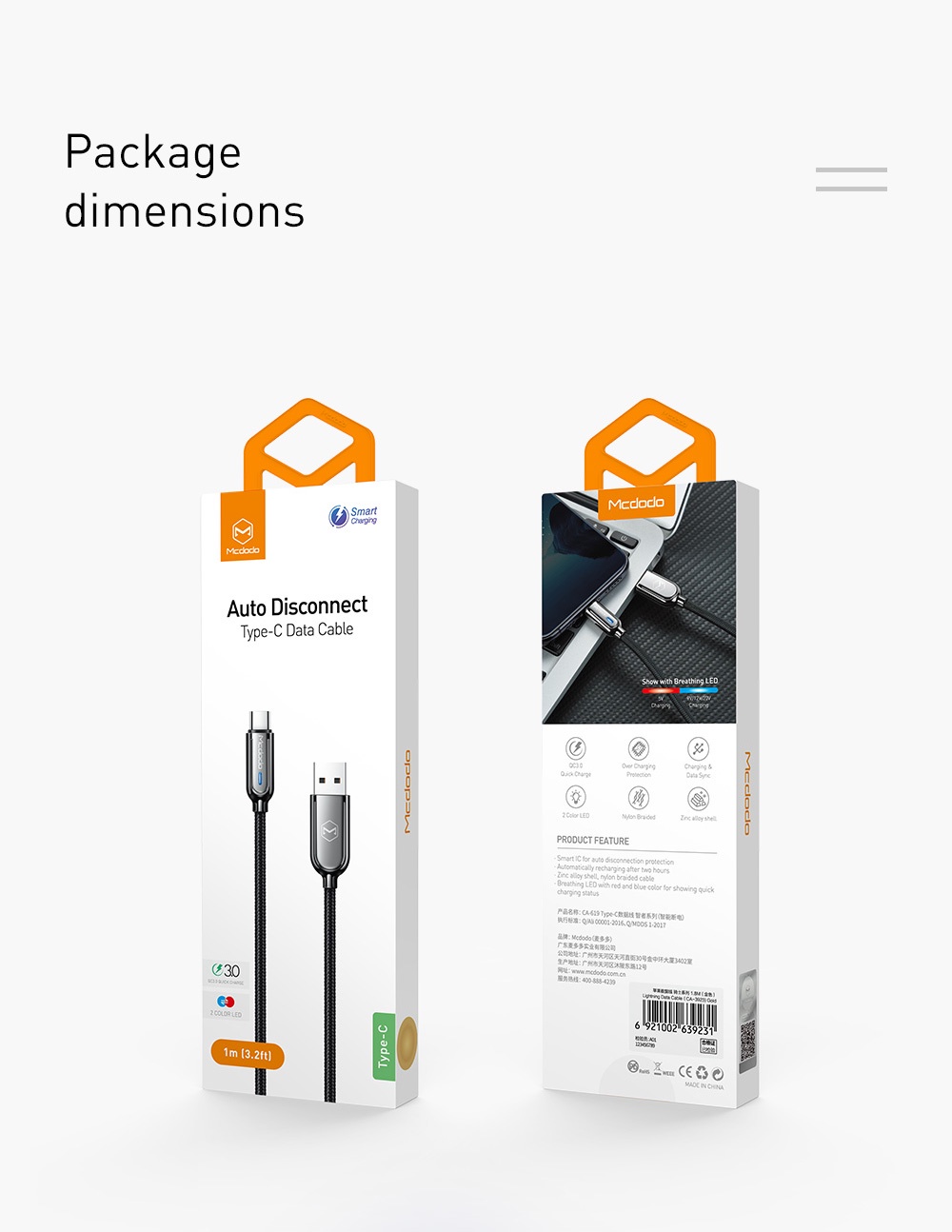 【1yr Warranty】 MCDODO Auto Power Off Cable CA 620 6190 Type C Micro Charging & Data Sync 1m CH ...