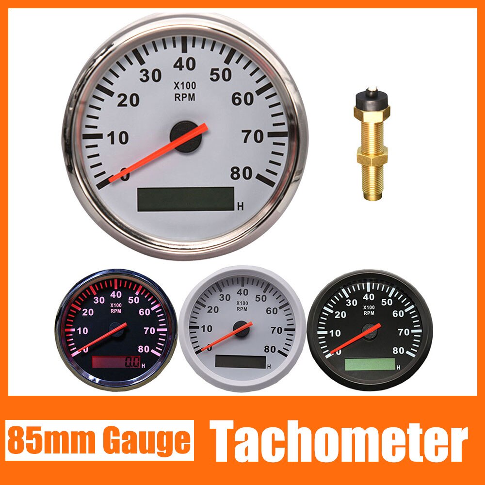 85mm Car Boat Tachometer 8000 RPM With LCD Hourmeter Red Backlight M16 ...