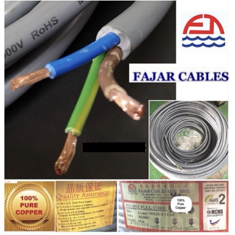 FAJAR 2.5MM x 3C Wire 100% Copper FAJAR 3 Core x 2.5mm Copper Wire ...