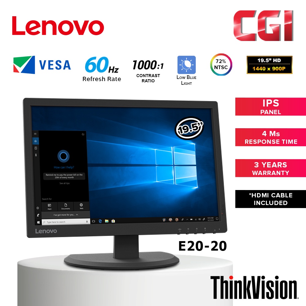 Lenovo 19.5" ThinkVision E20-20 IPS 4ms 60Hz Monitor - 62BBKAR1WW ...