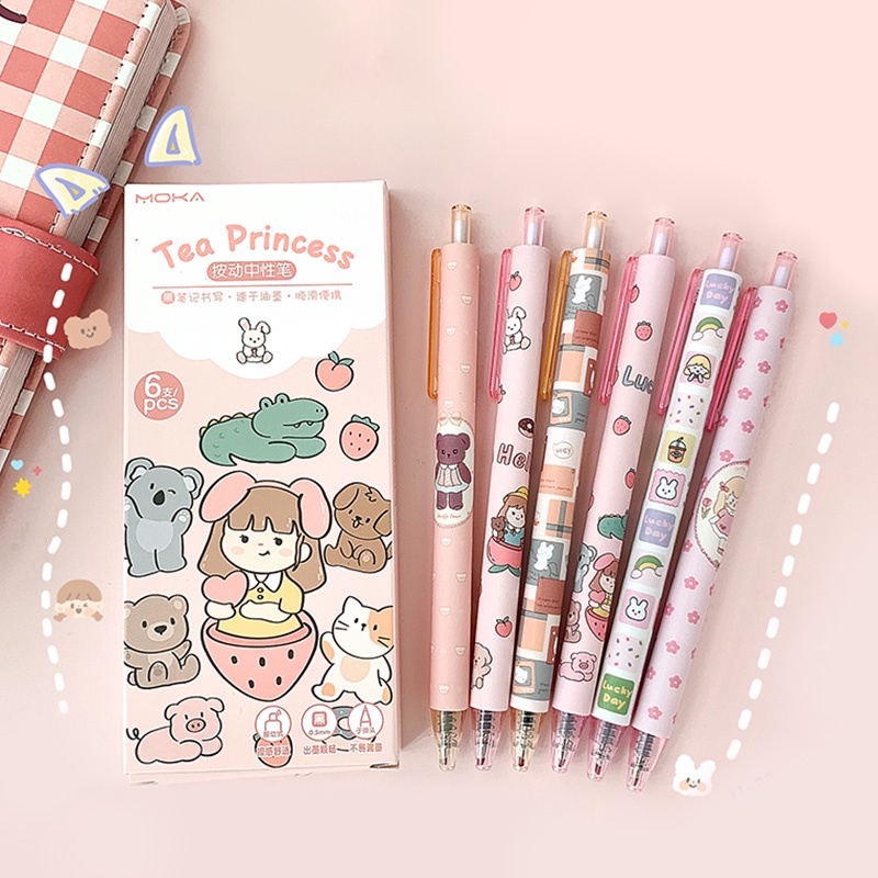 6 Pcs 0.5mm Cartoon Tea Princess Series Ballpoint Pen Black Ink ...