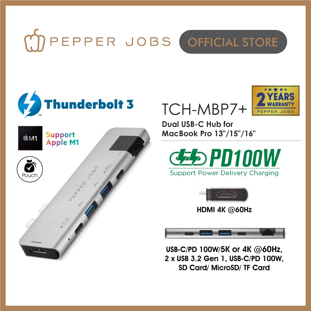 PEPPER JOBS TCH-MBP7+ Dual USB-C Hub Adapter with PD 100W & Thunderbolt ...