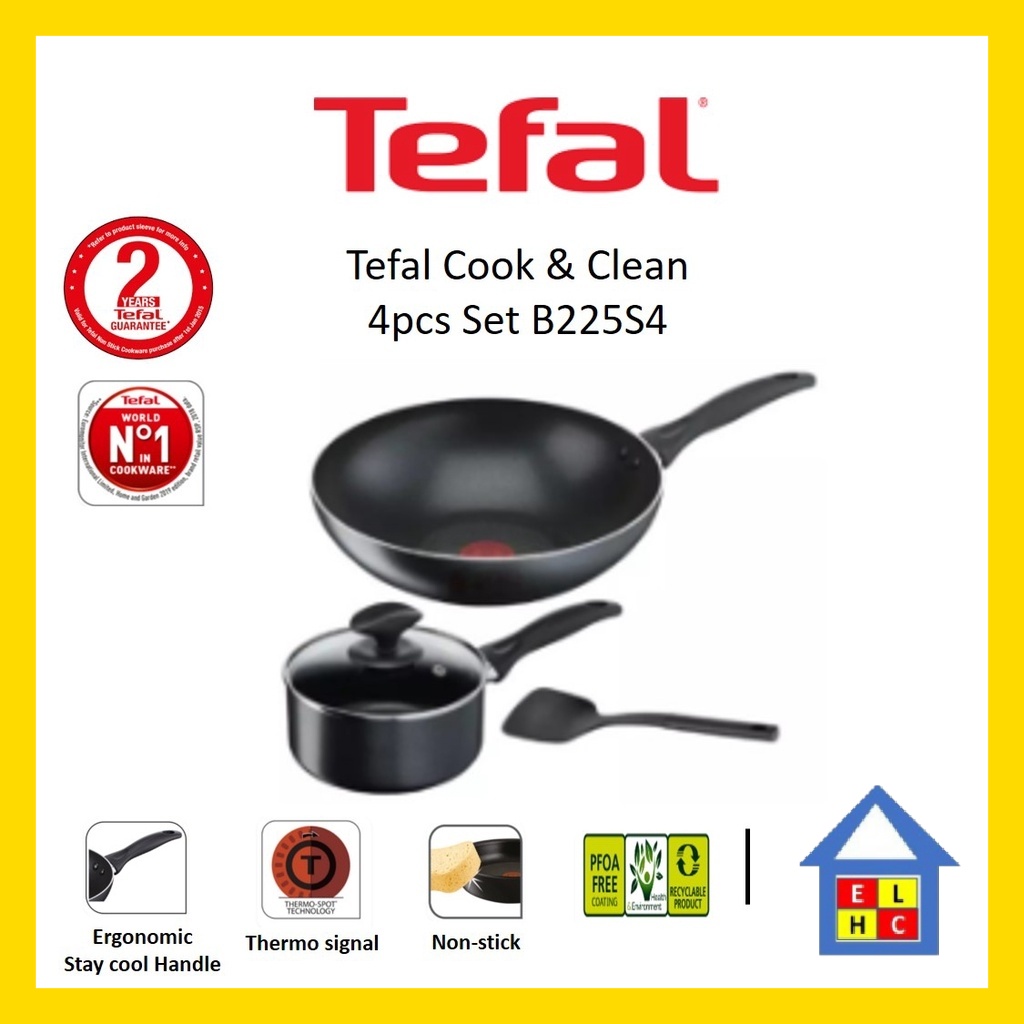 [11.11 SALE] Tefal Cook & Clean 4 piece Non Stick Cookware Set B225S4 B225S404 Wokpan Saucepan ...