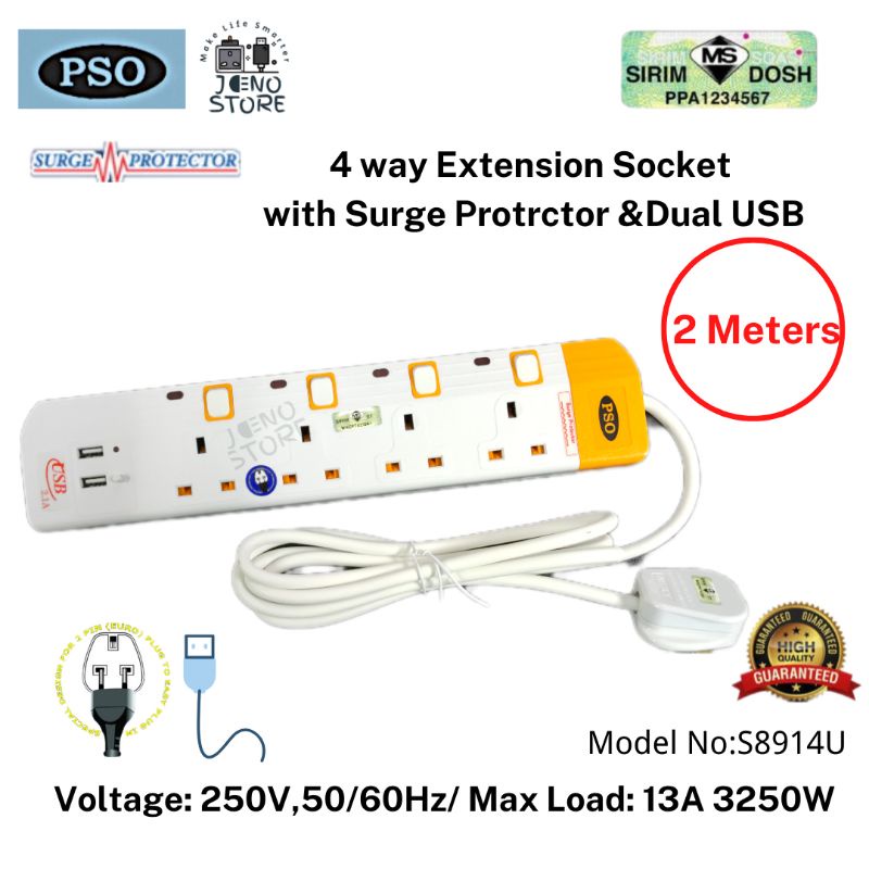 Pso 3 4 5 6 Way Portable Extension Trailing Socket Extension Plug Socket With Surge Protector