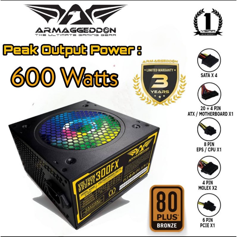 Power Supply Armaggeddon 300FX Voltron Bronze 80+ Pure Power 300W PSU Gaming Official Guarantee ...