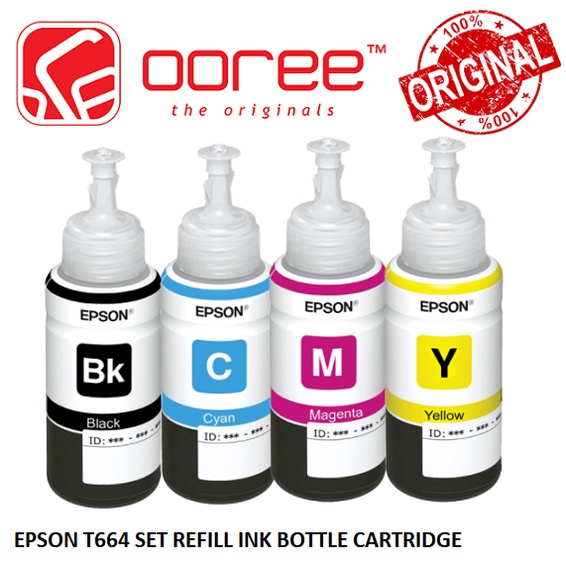 [ORIGINAL] GENUINE EPSON T664 SET OF 4 COLOUR (BLACK/CYAN/MAGENTA/YELLOW) REFILL INK BOTTLE ...