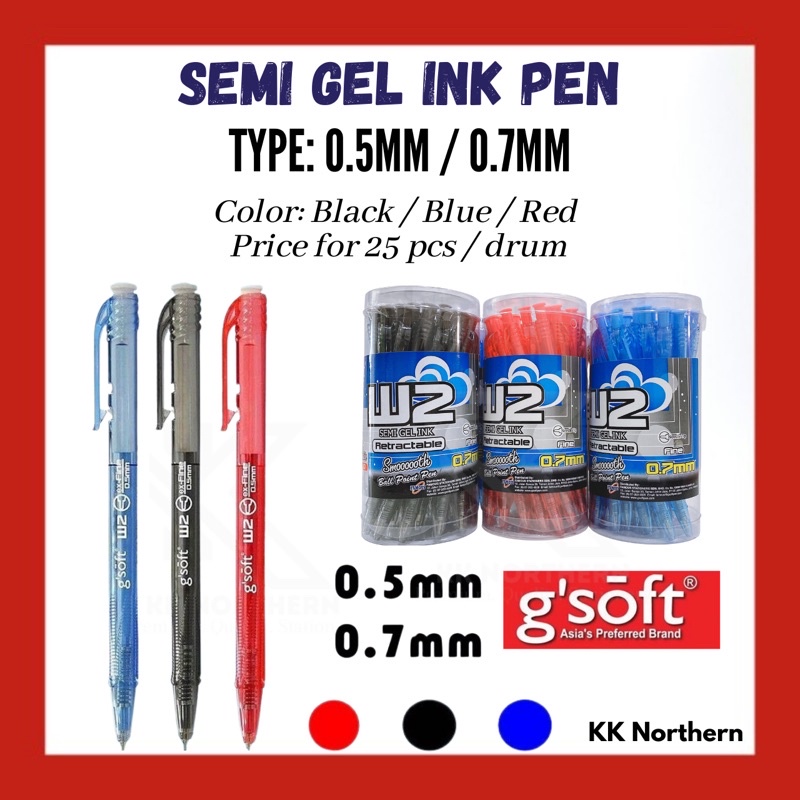 (1 Drum) GSOFT W2 0.5MM 0.7MM 1.0MM Semi-Gel Ball Pen Extra Fine Pens ...