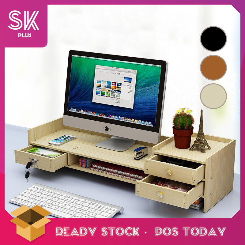 SKPLUS Computer Monitor Booster Rack Wooden Office Desk Storage ...