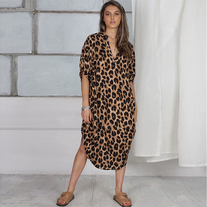DN0831 V neck Leopard Beach Cover Up Half Sleeve Pareo Bathing Suit ...