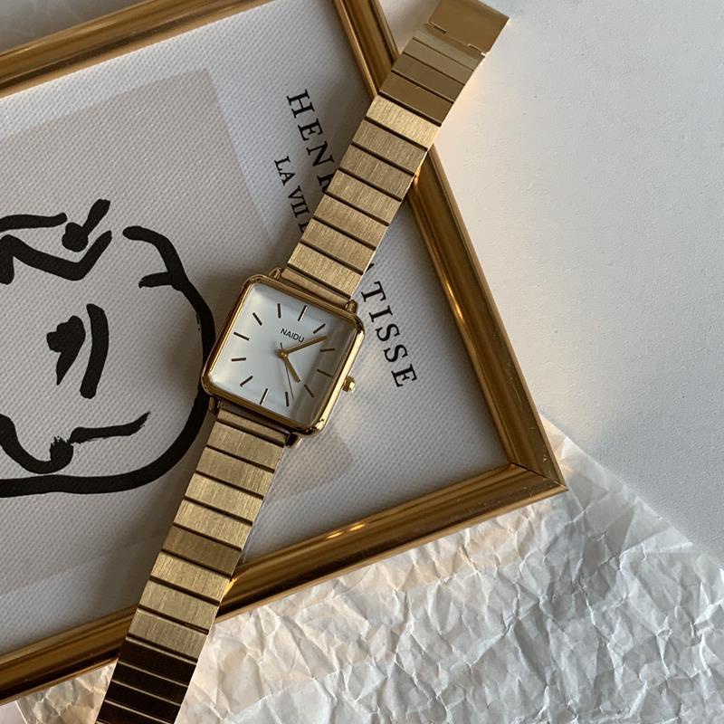 French Bamboo Chain Square Large Dial Gold Watch Female Simple Vintage ...